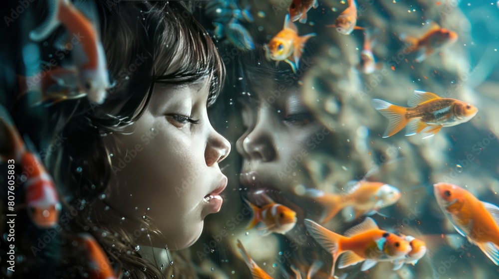 child's face pressed against the glass of an aquarium, gazing at ...