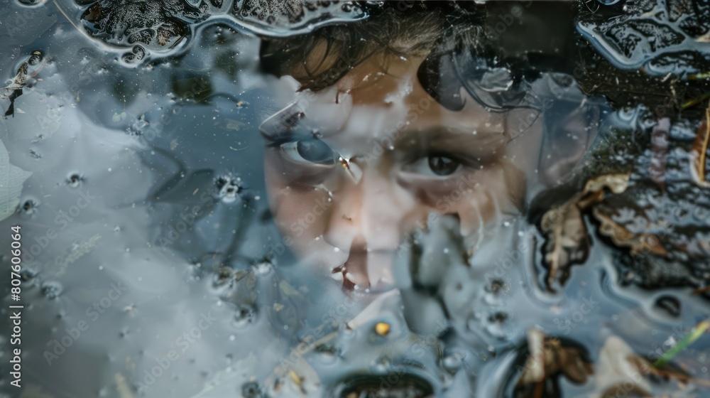 child's face reflected in a polluted river, distorted by the murky ...