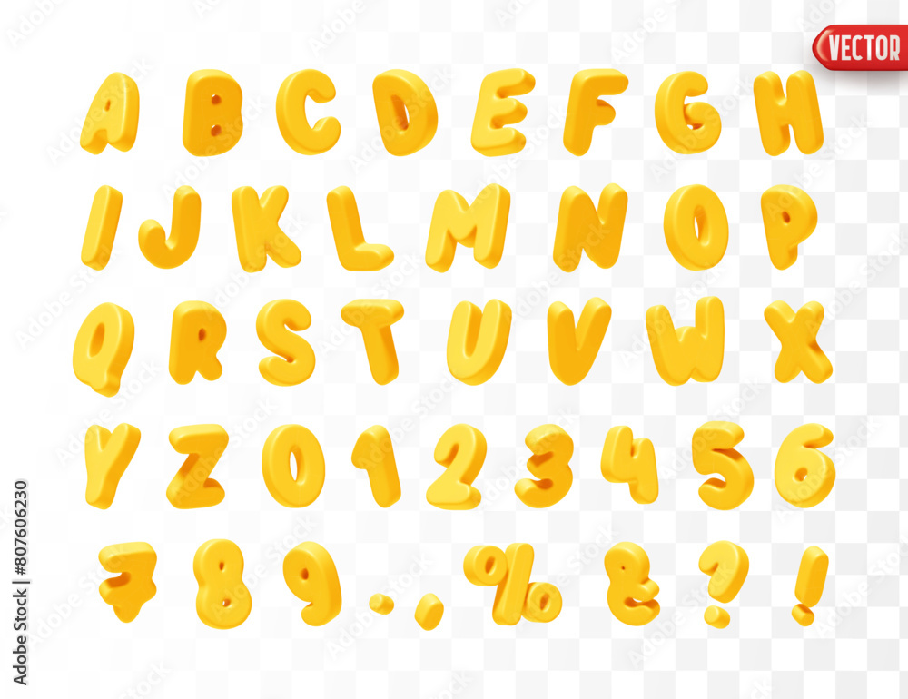 Yellow Font realistic 3d design. Complete alphabet and numbers from 0 ...