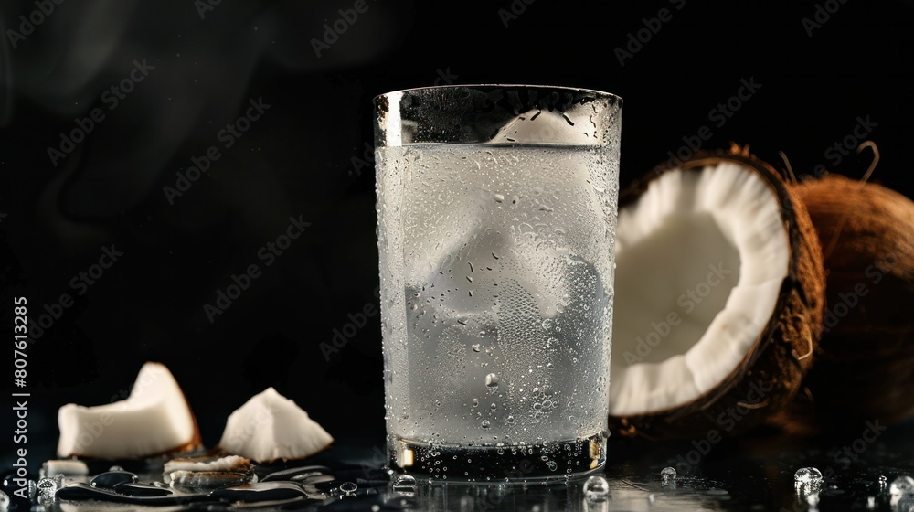 refreshing photo of a glass of coconut water with a piece of coconut ...