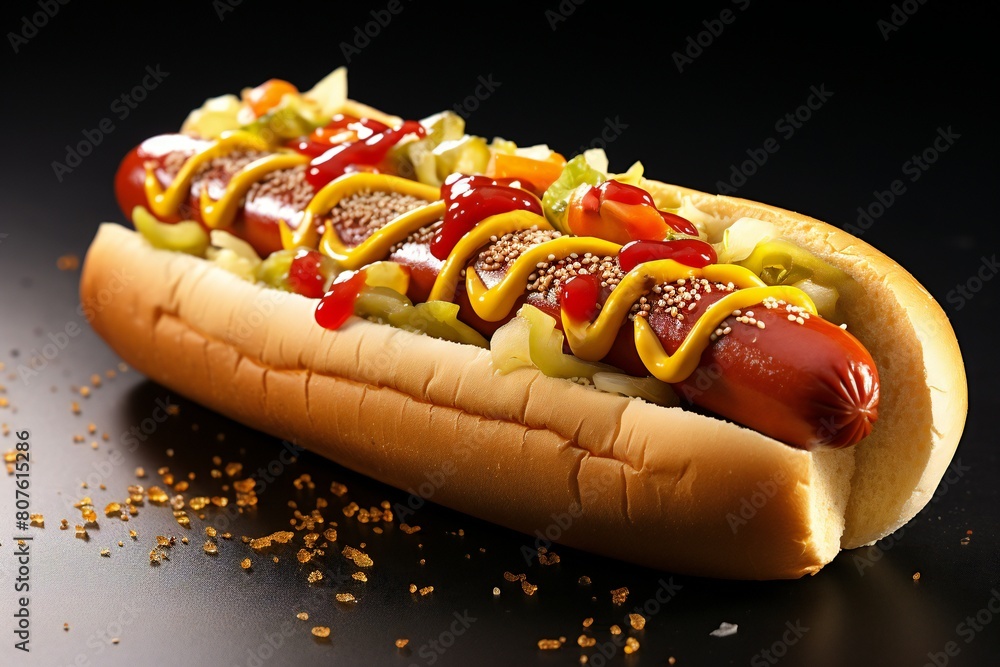 delicious fresh hot dog with pickles, fried onions and hot dog with ...