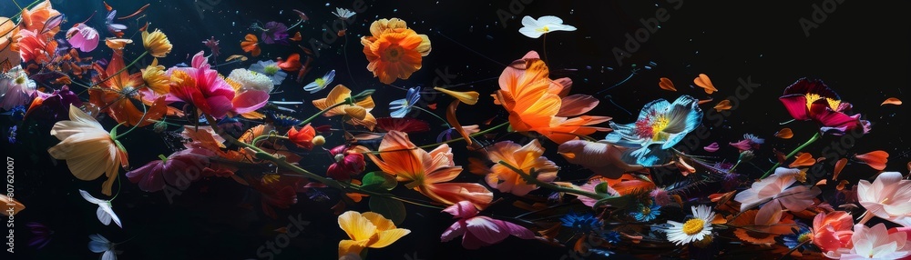 Surreal poster of annual flowers exploding into individual petals, each ...