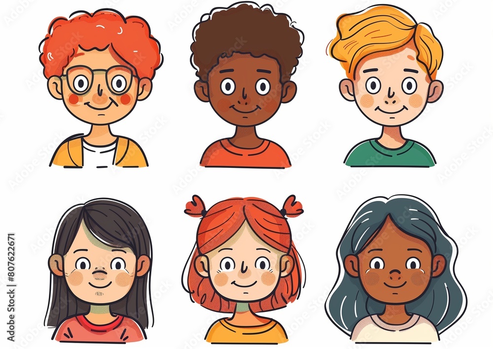 Diverse Group of Cartoon Children Faces Smiling Illustration Stock ...