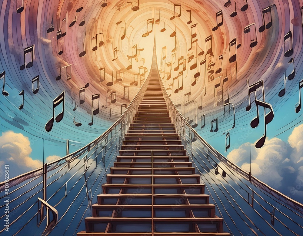 Surreal image of a ladder composed of musical notes ascending into the ...