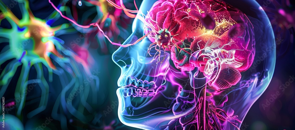 Colorful digital visualization showing the human brain and nervous ...