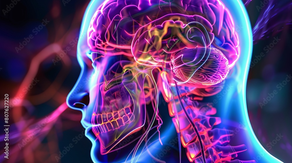 Neon digital illustration of the human brain, spinal cord, and nervous ...