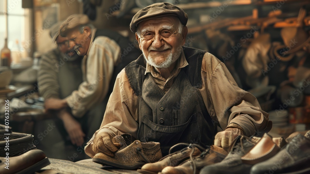contented shoe cobbler, surrounded by grateful customers, their eyes ...