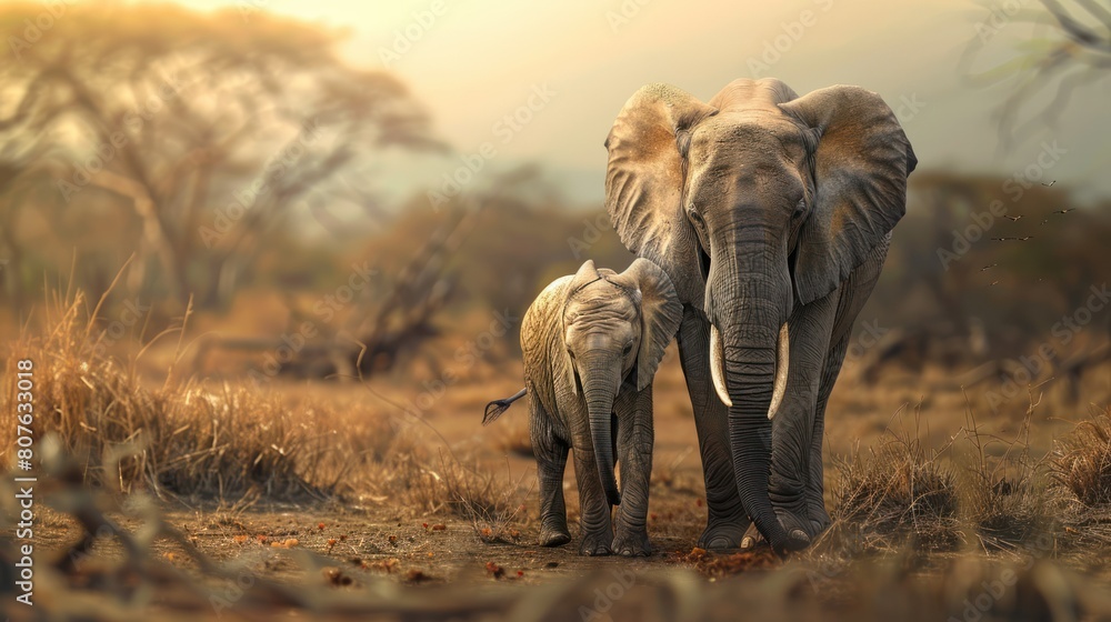 heartwarming scene of a mother African elephant gently guiding her calf ...