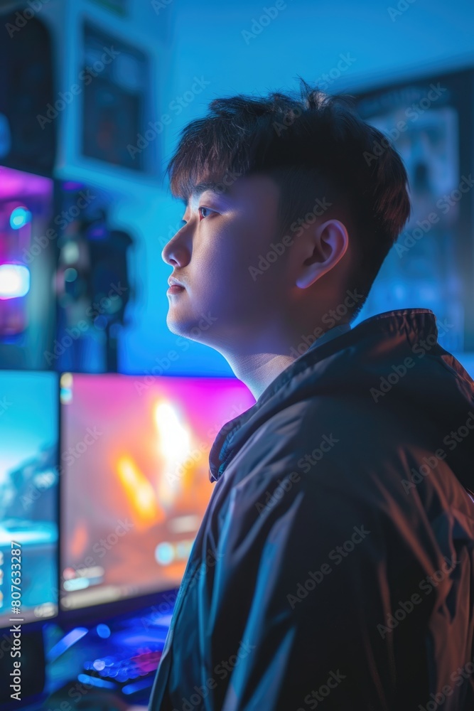 Concept of Gamer Lifestyle and E-sports - young Asian Asian man staring ...