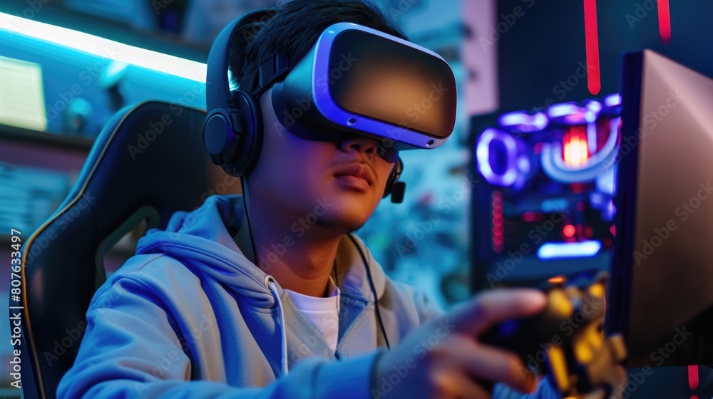 Young male gamer using controller (joystick) to play online video game ...