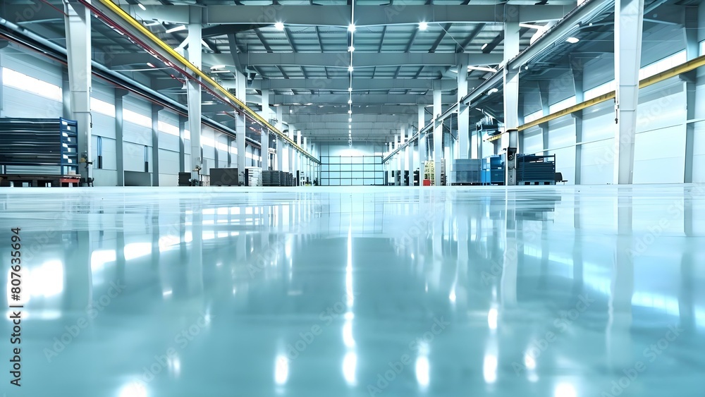 Brightly lit office warehouse with new epoxy resin floor after ...