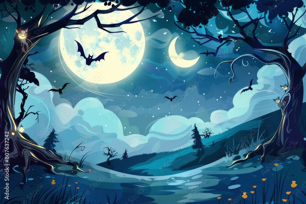 Cartoon cute doodles of a full moon illuminating the night, with ...