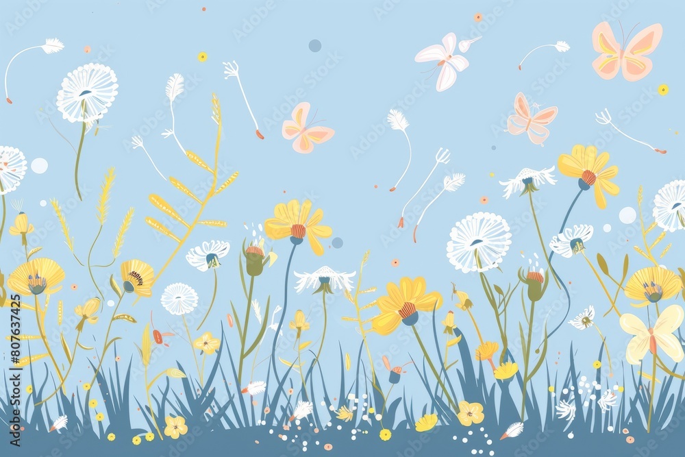 Cartoon cute doodles of a gentle breeze rustling through a meadow, with ...