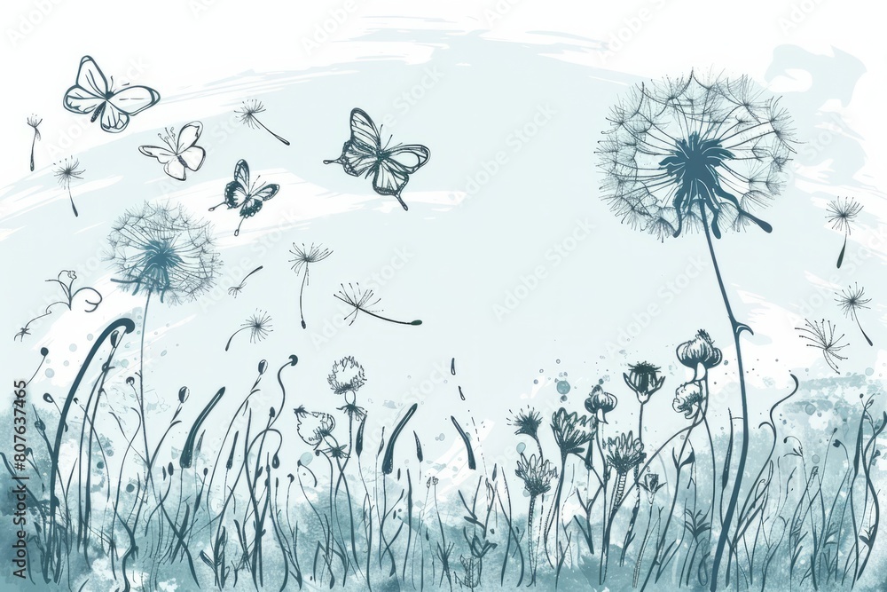 Cartoon cute doodles of a gentle breeze rustling through a meadow, with ...