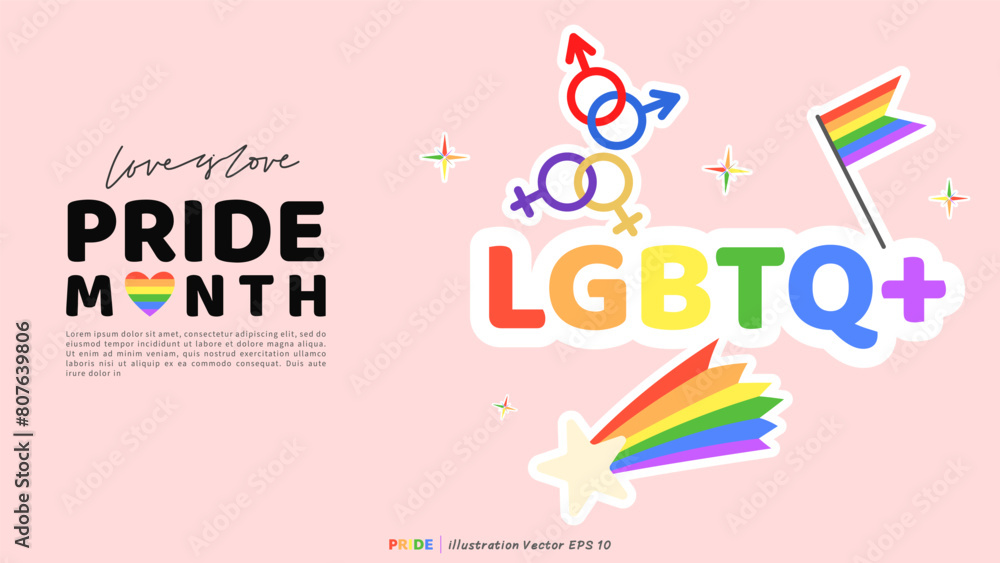 Pride month stickers set on pink background, LGBT flat style symbols ...