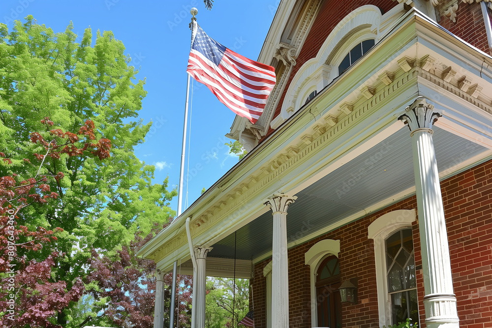 Frame a historic building proudly displaying the American flag ...