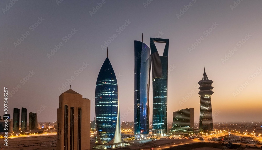 During the blue hour, the KAFD buildings in Riyadh, Saudi Arabia, stand ...
