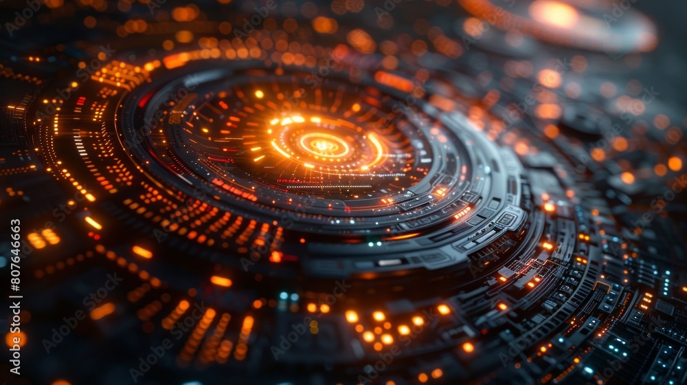 Animated futuristic round glowing HUD elements. Artificial intelligence ...