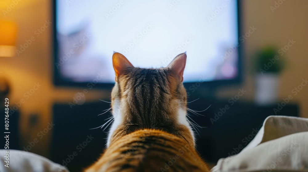 Cat sitting watching TV white screen, AI generated Image Stock Photo ...