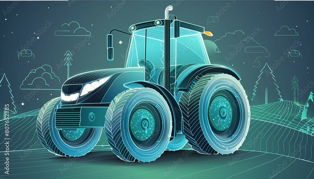 A farm tractor concept in 3D illustration is presented in a wireframe ...