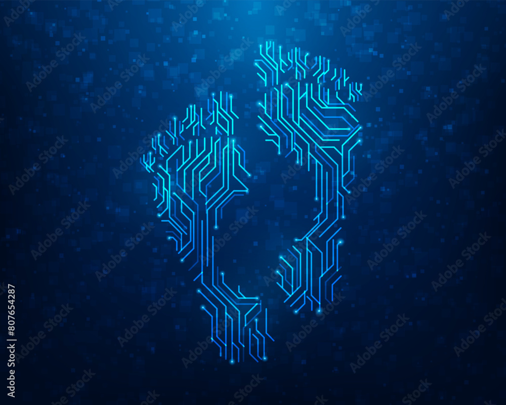 technology digital footprint circuit on blue background. foot shape ...