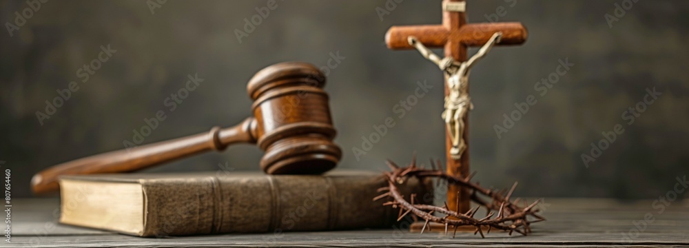 Crown of thorns, wooden cross, bible, and judge gavel all rest on a ...