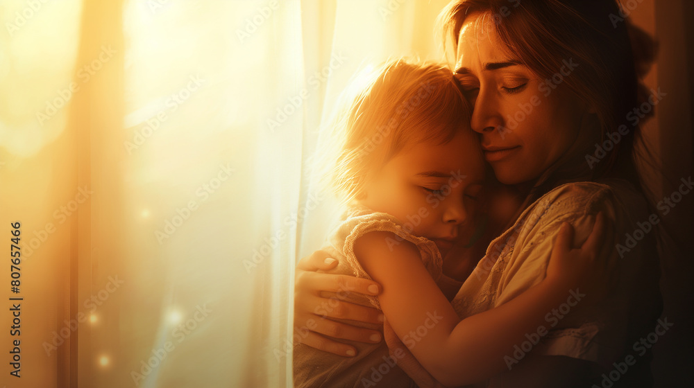 A mother comforting her crying child, enveloping them in a warm embrace ...