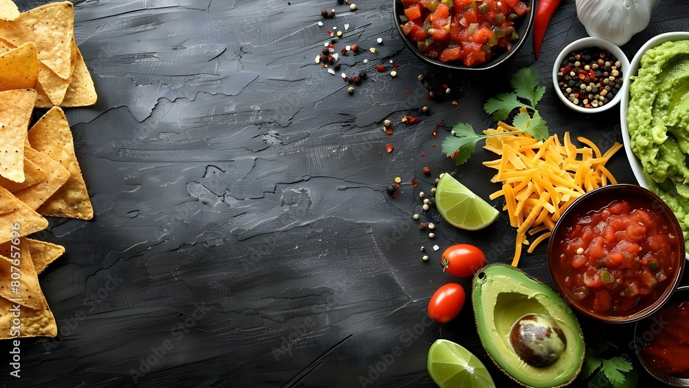 Mexican food background with salsa cheese guacamole nachos and ...