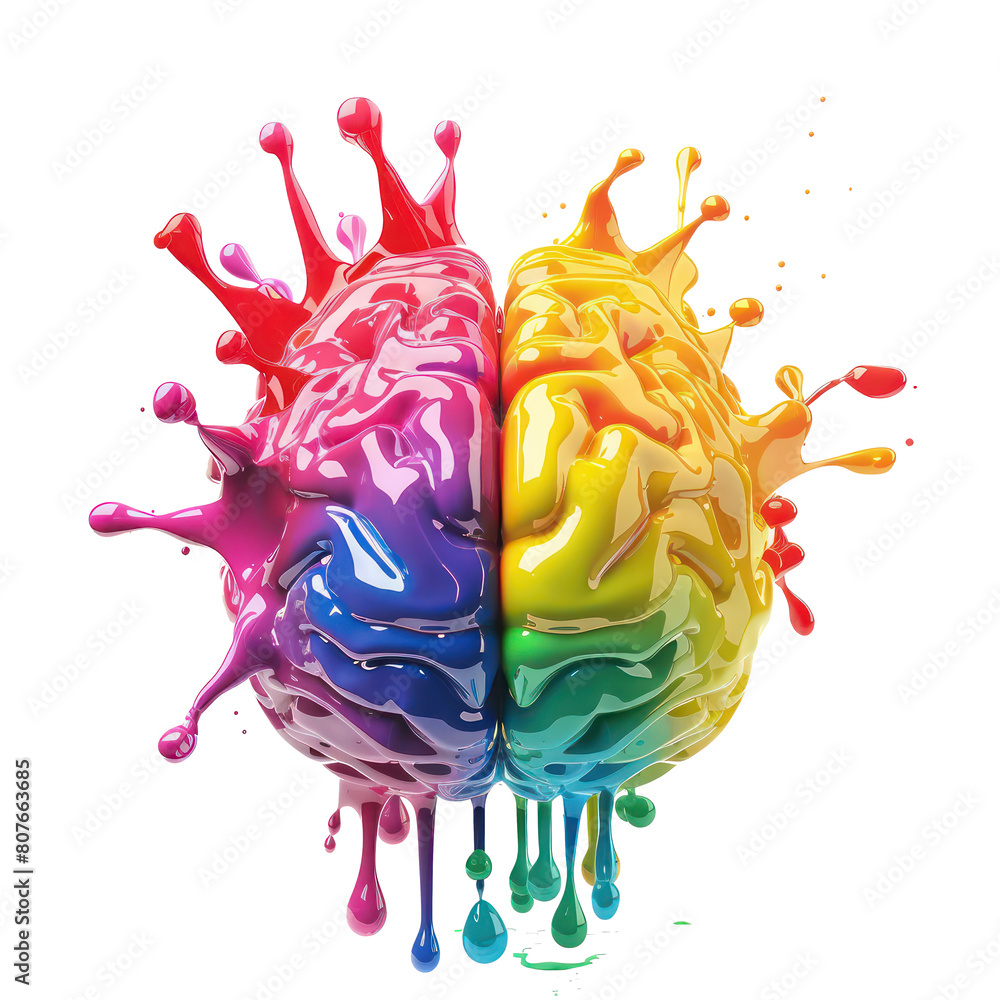 3d brain rainbow pride splash paint liquid color isolate on white ...