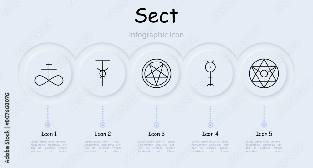 Sect set icon. Pentagram, Sigil of Baphomet, ritual dagger, sacrifices ...
