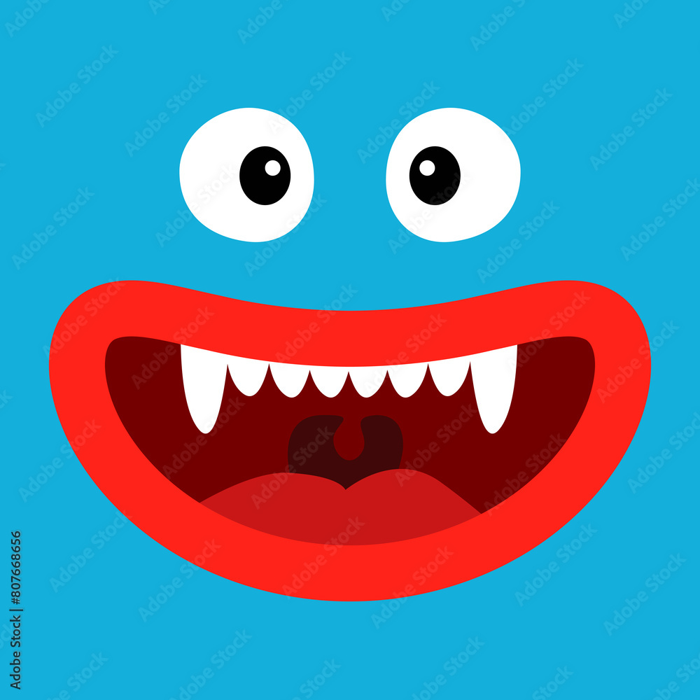 Cute blue monster face head banner. Happy Halloween. Square monsters ...