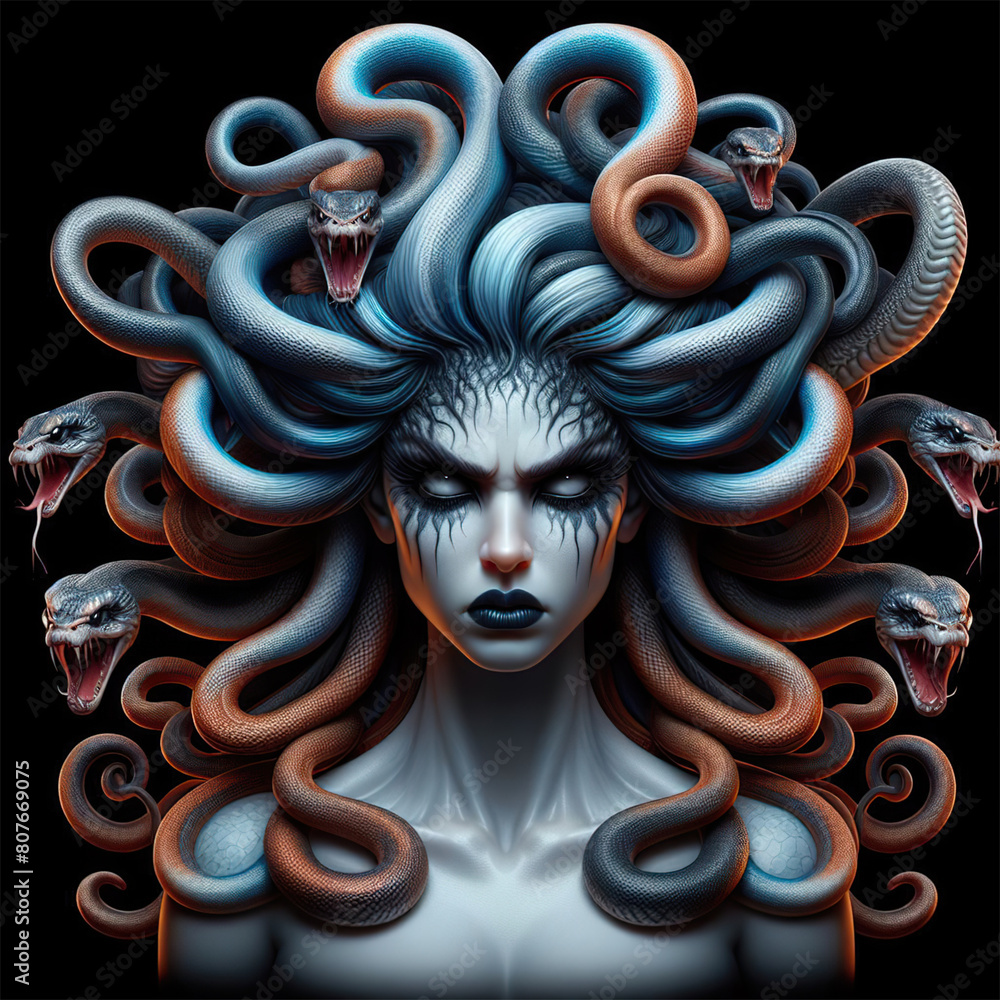 Medusa. Mythological female Gorgon with snakes in her head. Black ...