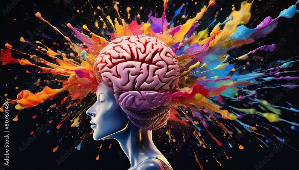A creative depiction of an artistic brain exploding with colorful ...