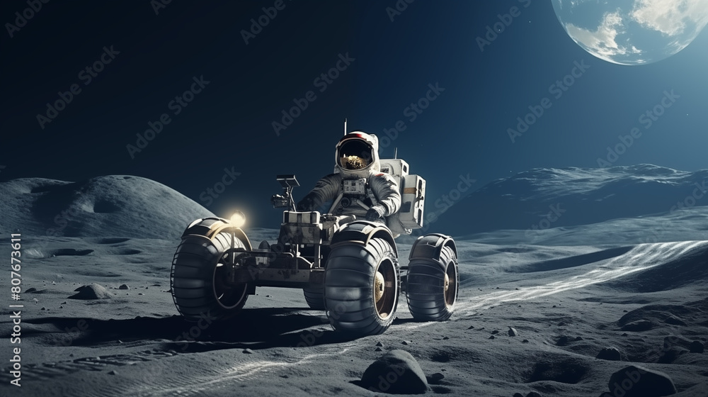 Astronaut drives lunar rover across moon surface photo. Earth looming ...