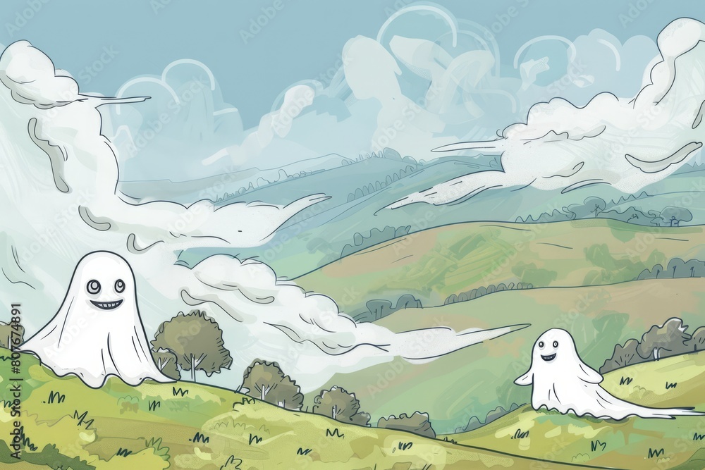 Cartoon cute doodles of fog rolling in over a peaceful landscape, with ...