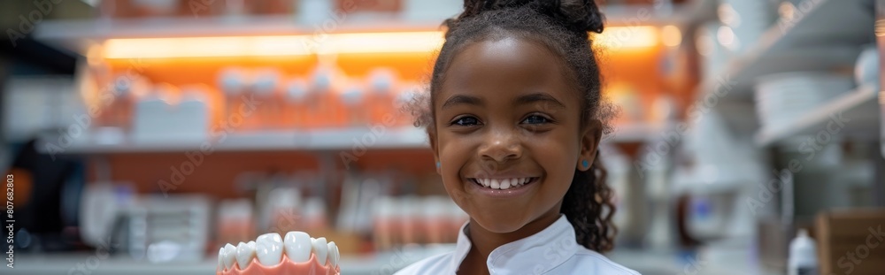 Young Black African American Girl Shows Her White Teeth And Holds A