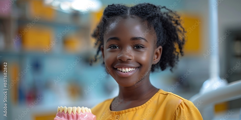 Young black African American girl shows her white teeth and holds a ...