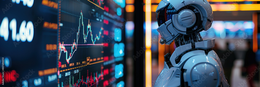 A robot looking at stock market charts and numbers, symbolizing artificial intelligence in ...