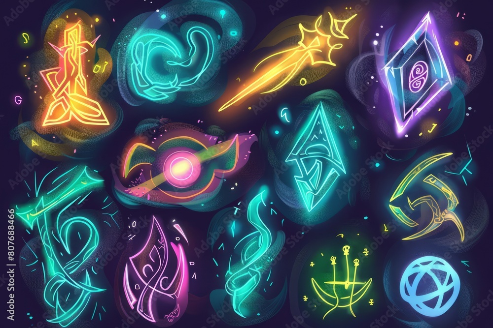 Cartoon cute doodles of ancient runes glowing with mystical energy ...