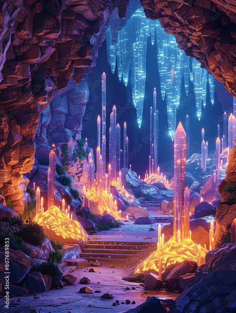 Pixel art sprawling underground cave system, glowing crystal formations ...