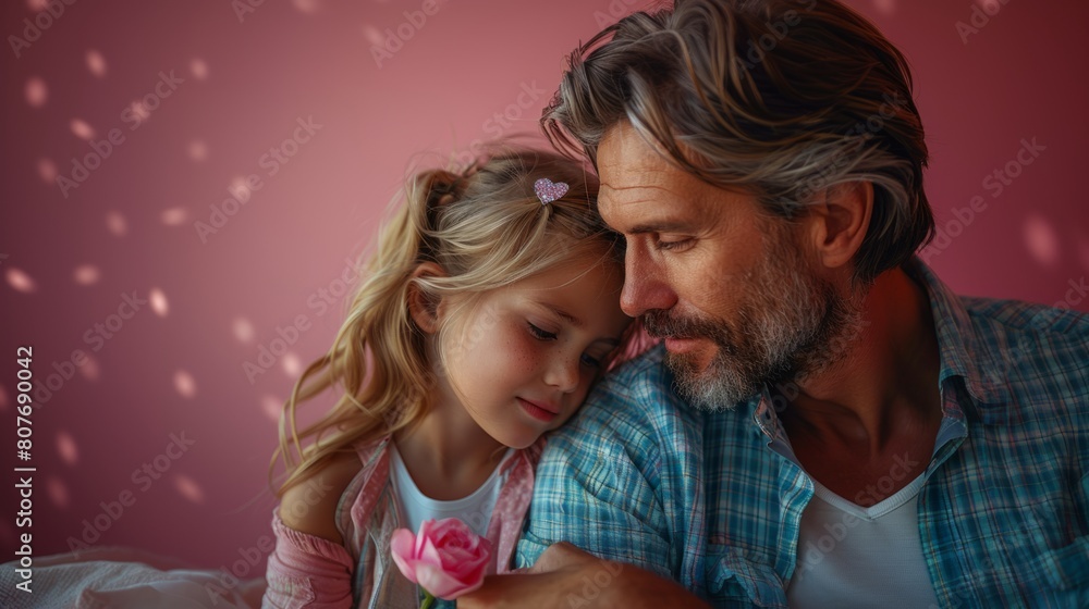 A tender moment between a bearded middle-aged father and his young ...