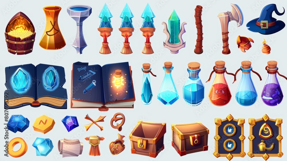 An interface for a magic game with a spell book, a magic wand, a ...