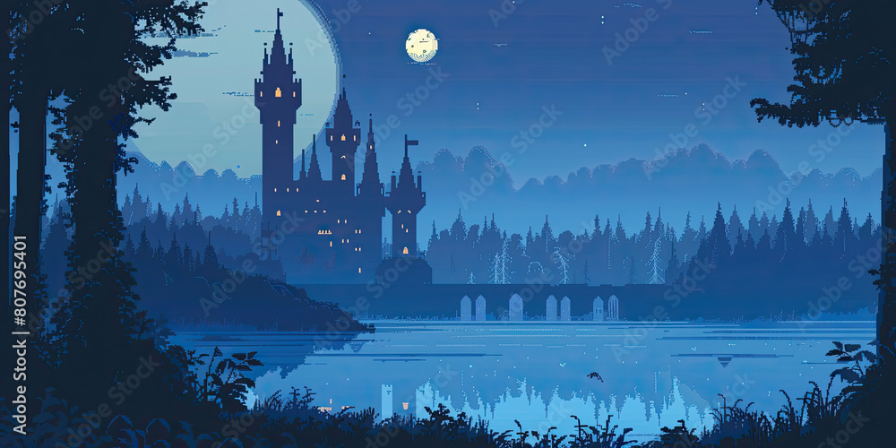 Castle background, video game style illustration castles towers 8-bit ...