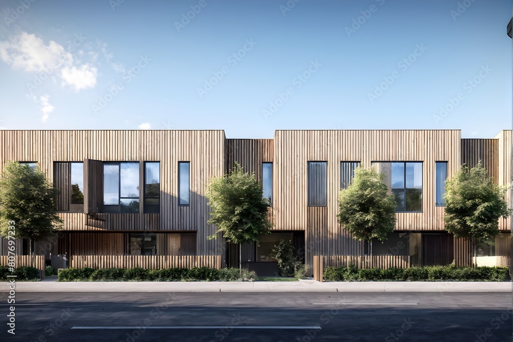 row of modern modular private townhouses featuring wooden cladding ...