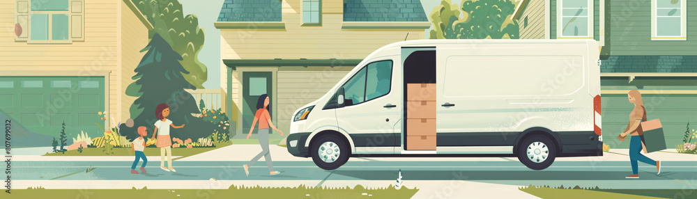 Eco-friendly hybrid delivery van unloading packages in residential ...
