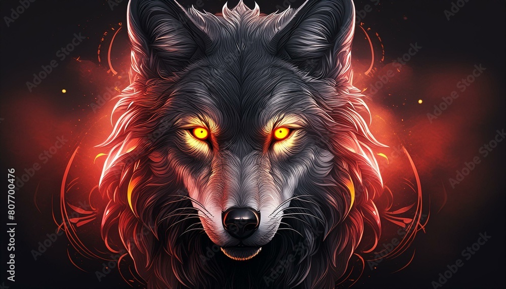 a wolf with yellow eyes and a black background with a red glow on its ...