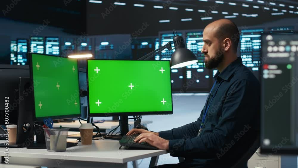 IT supervisor working on isolated screen computers in data center ...