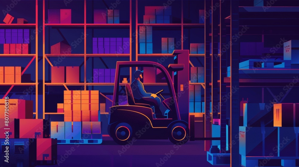 Work in warehouse banner with forklift and shelves with cardboard boxes ...