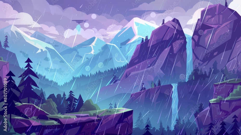 Cartoon illustration of rainy mountain scenery with cliffs, ledges, and ...