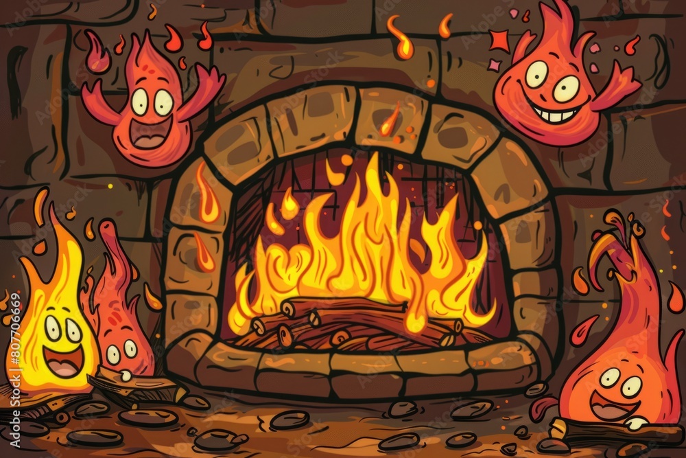 Cartoon cute doodles of playful flames dancing in a cozy fireplace ...